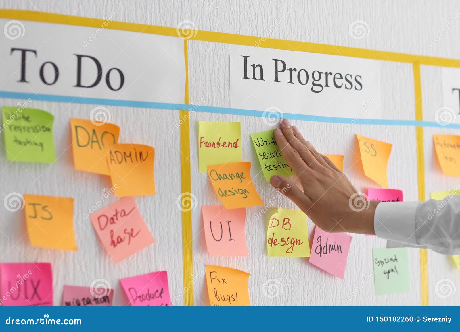 Man Attaching Sticky Note To Scrum Task Board in Office Stock Photo ...