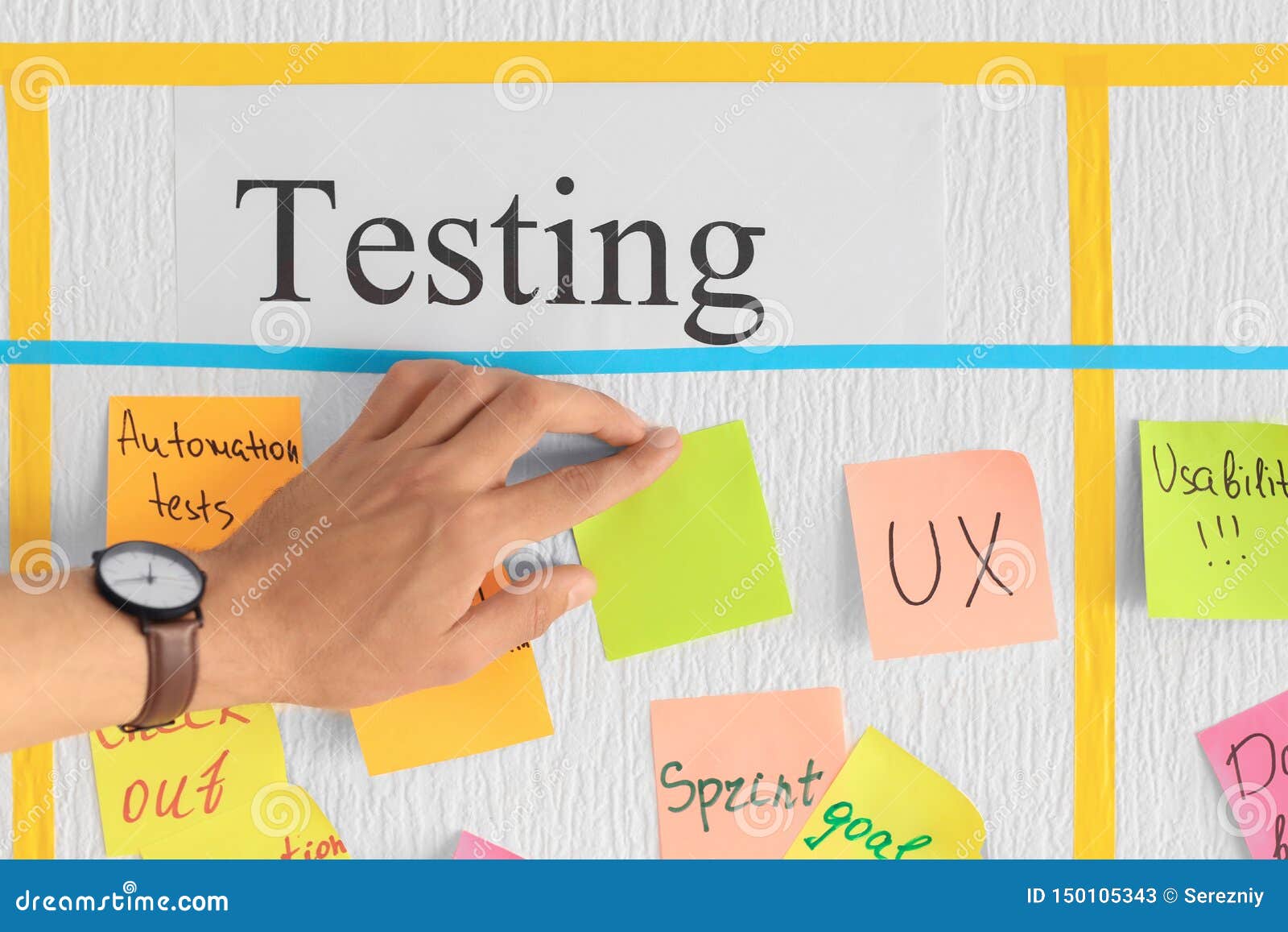 Man Attaching Sticky Note To Scrum Task Board in Office Stock Image ...