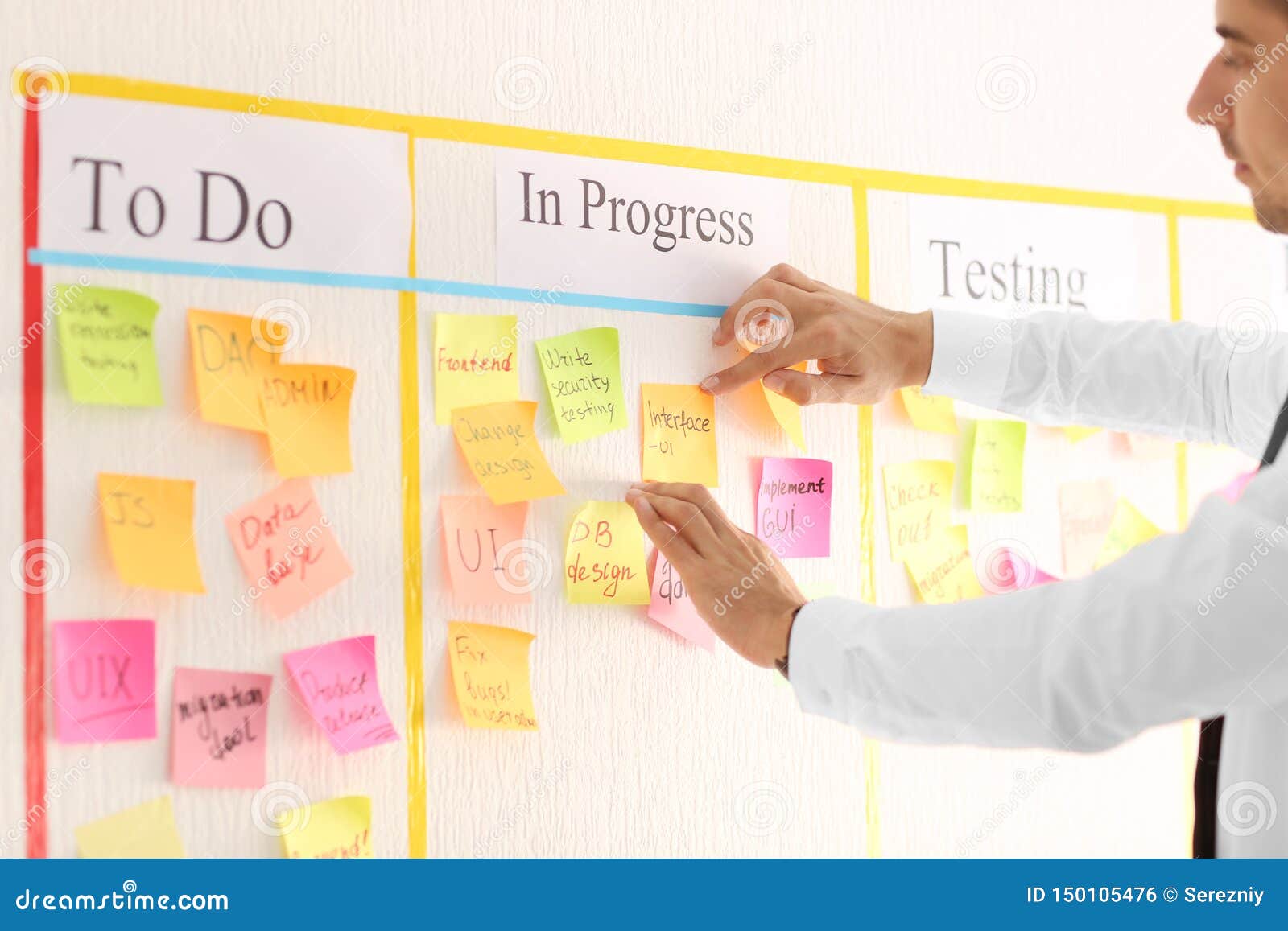Man Attaching Sticky Note To Scrum Task Board in Office Stock Photo ...