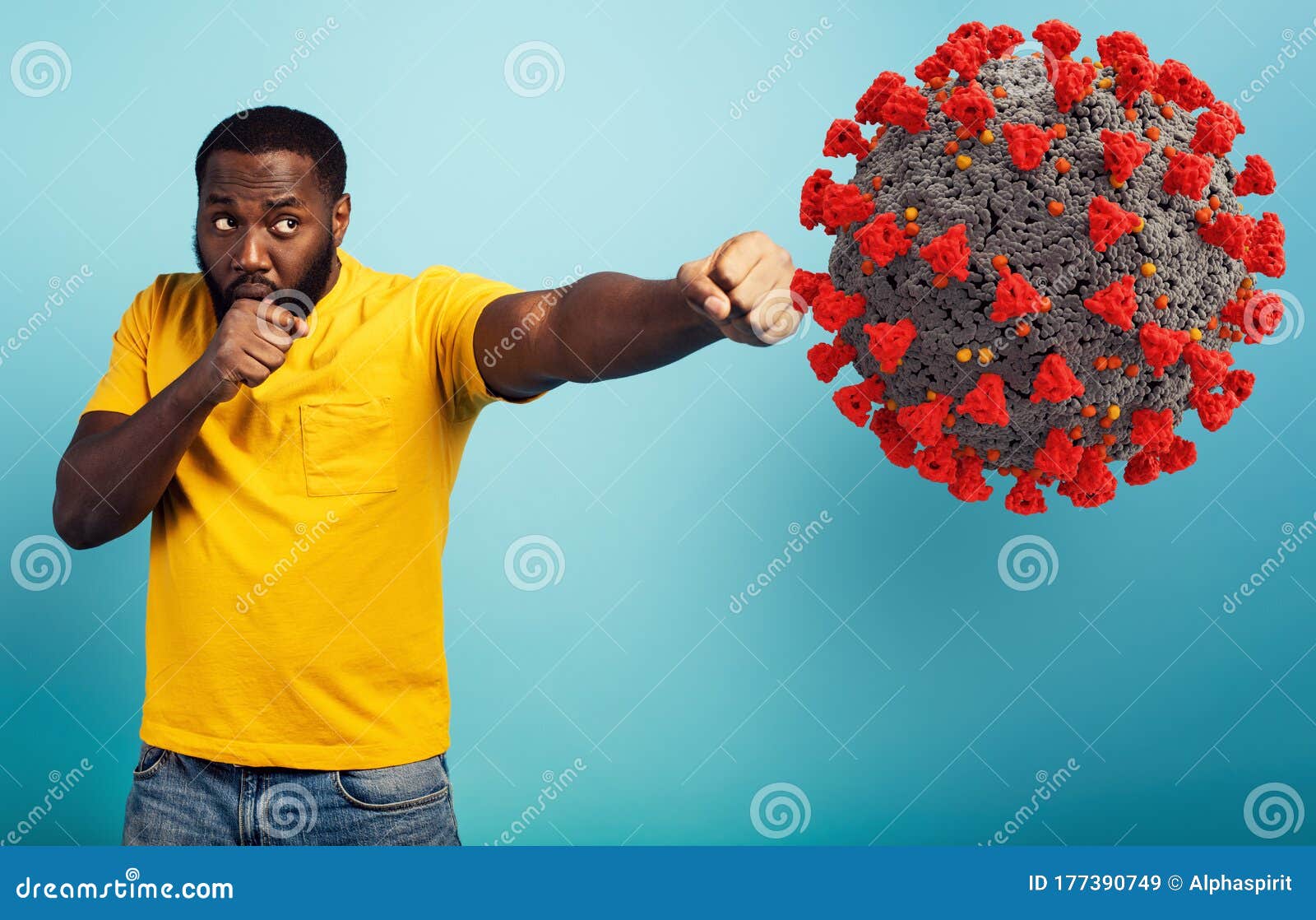 Man Attacks with a Punch the Coronavirus. Blue Background Stock Image ...