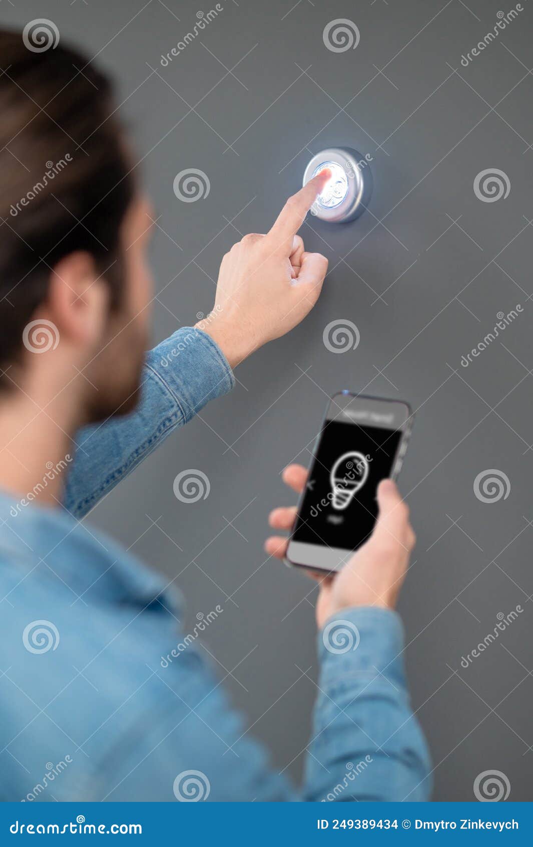 Man with Back To Camera with Smartphone Touching Wall Stock Photo ...