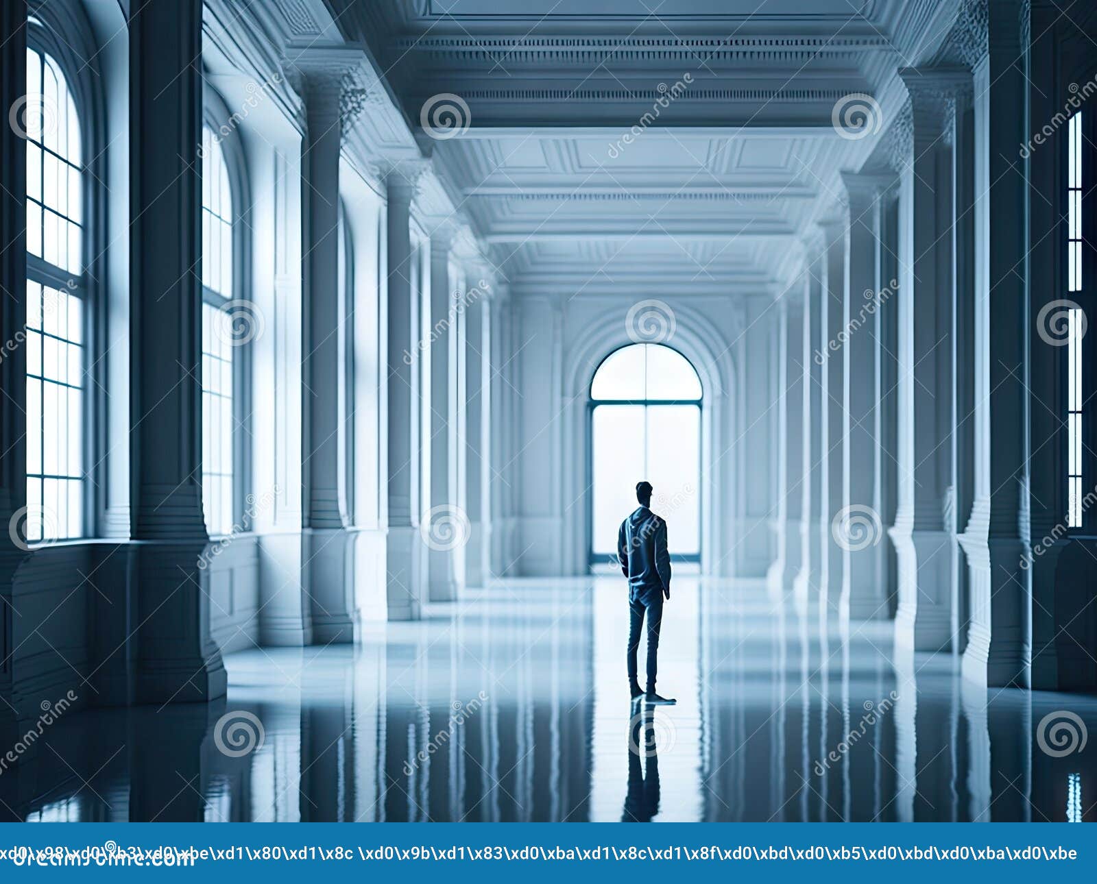 Man Back View Standing in White Hall. Ai Generative Stock Illustration ...