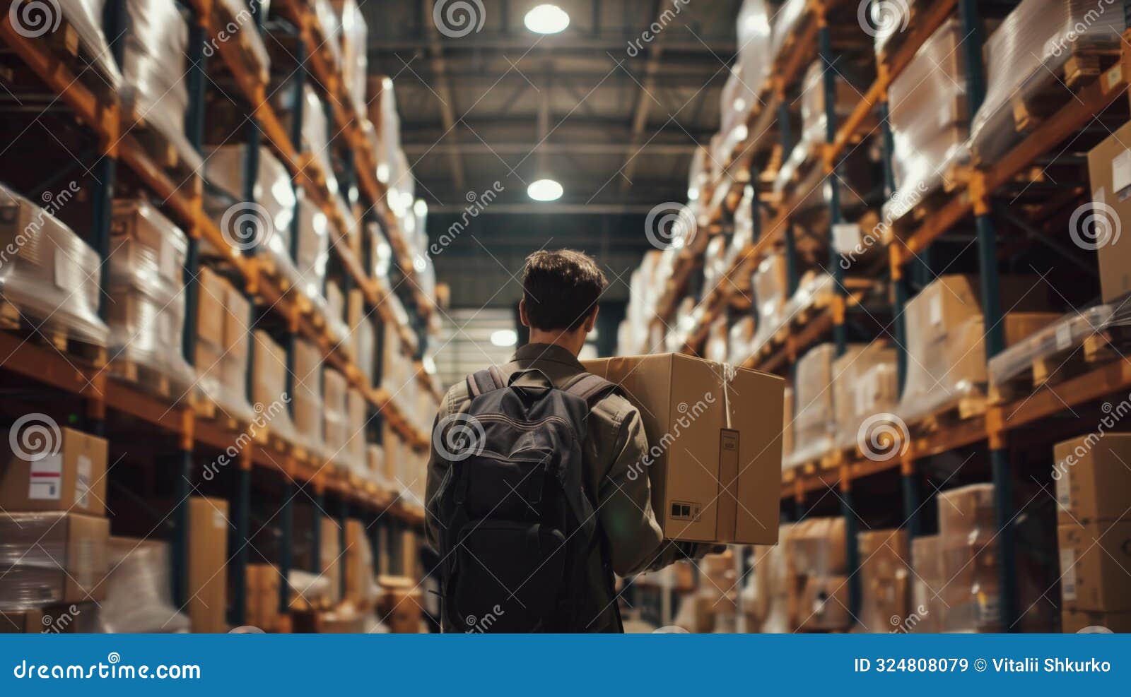 A Man with a Backpack Carries a Box through a Warehouse Aisle ...
