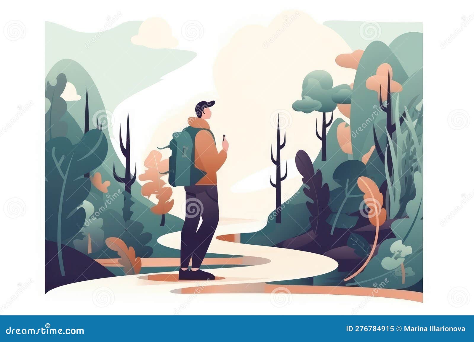 Man with Backpack Got Lost while Hiking in Forest, Searching for Path ...