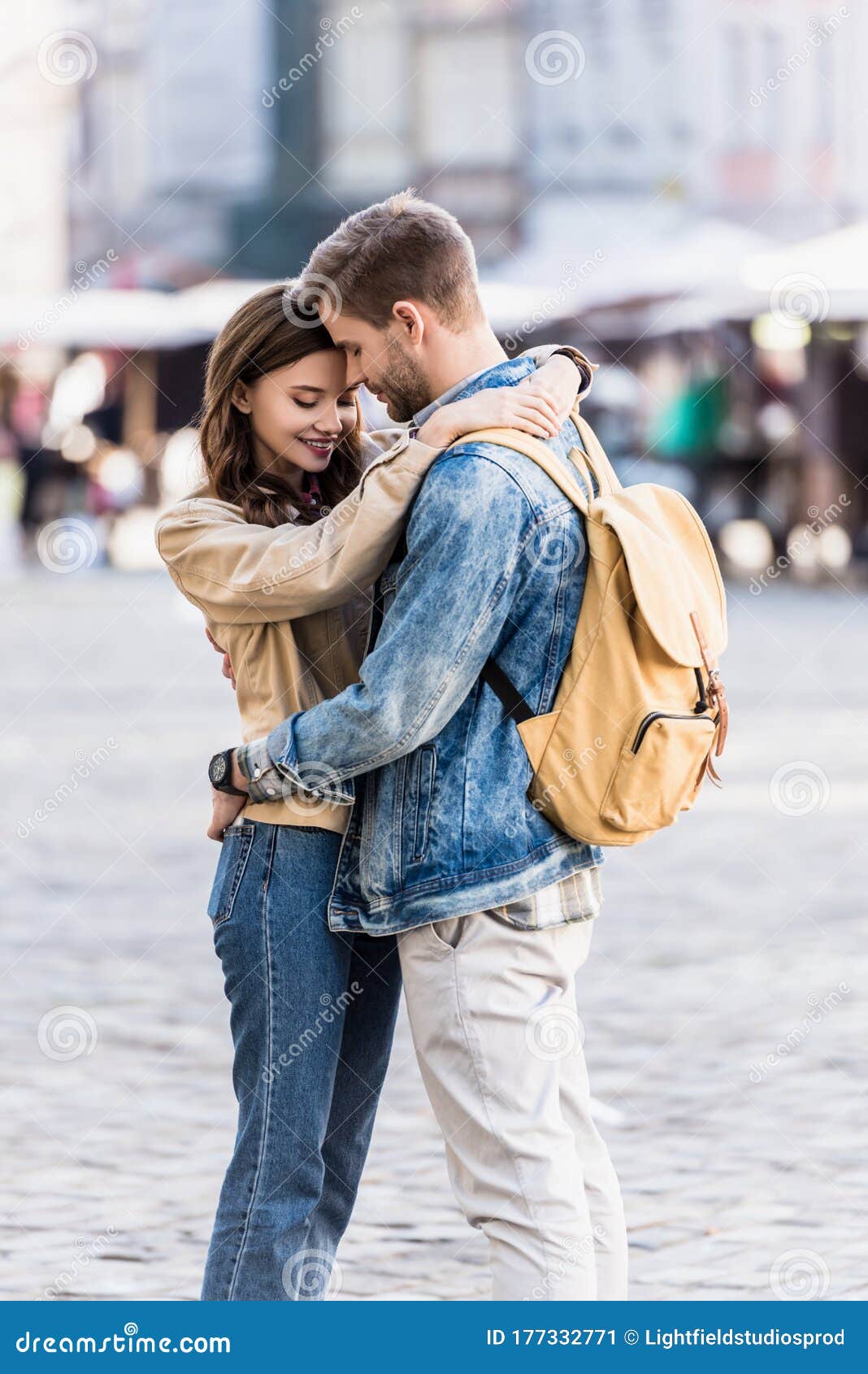 With Backpack Hugging with Beautiful Girlfriend Stock Image - Image of ...