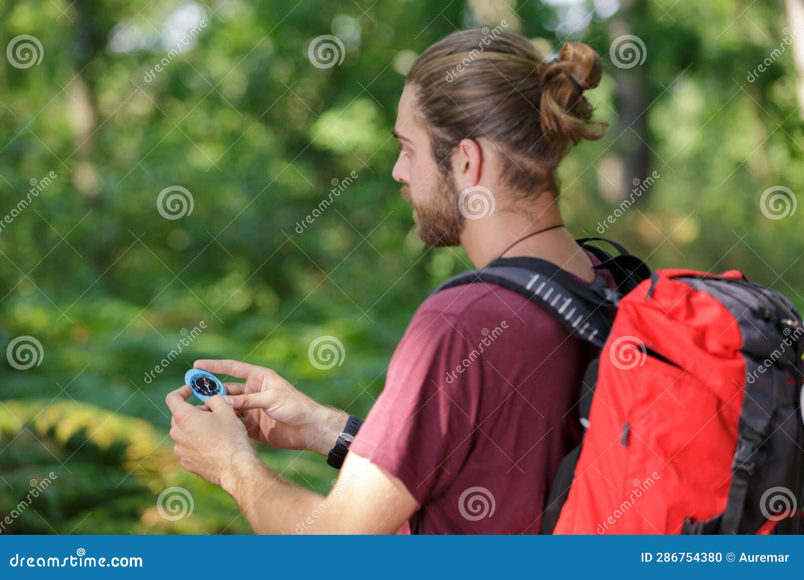Man with Backpack Looking at Direction on Compass Stock Photo - Image ...