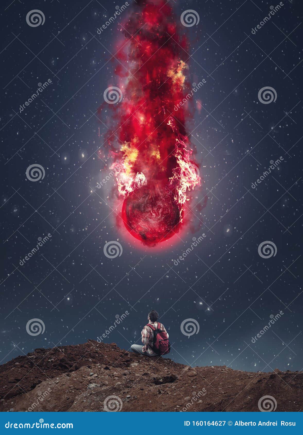 Man with a Backpack Looking Up To a Falling Meteorite Stock Image ...