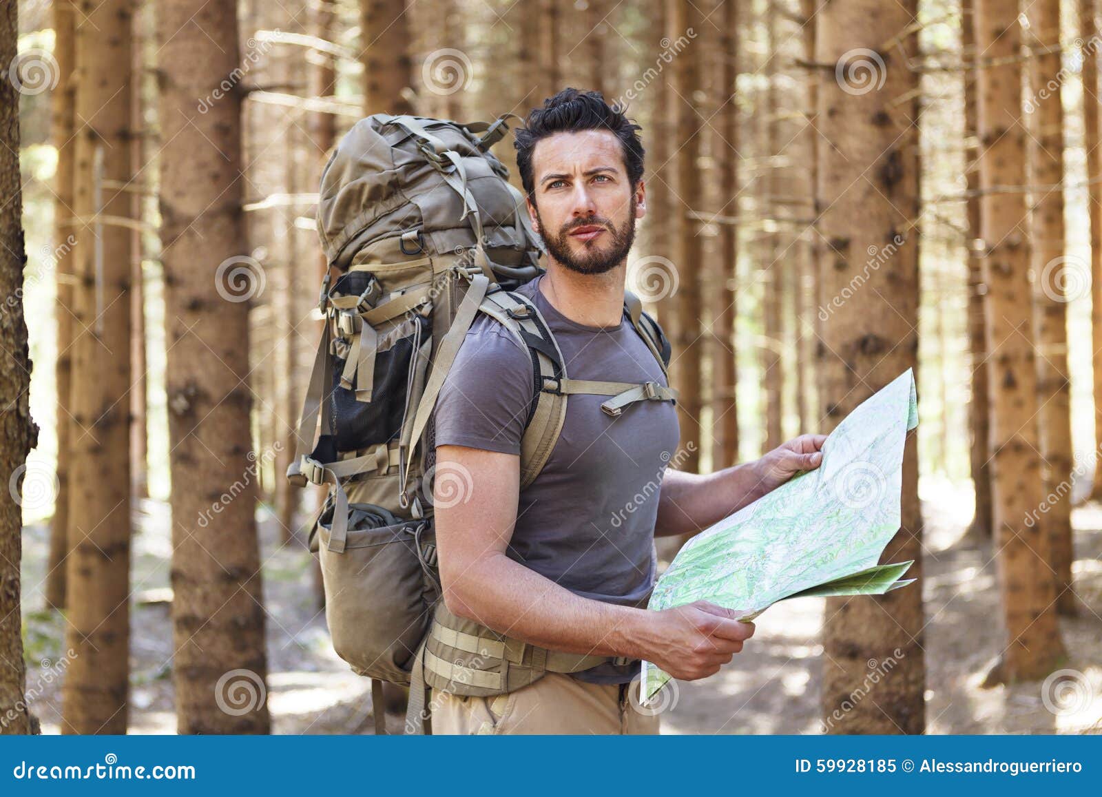 Man with Backpack and Map Searching Directions Stock Image - Image of ...