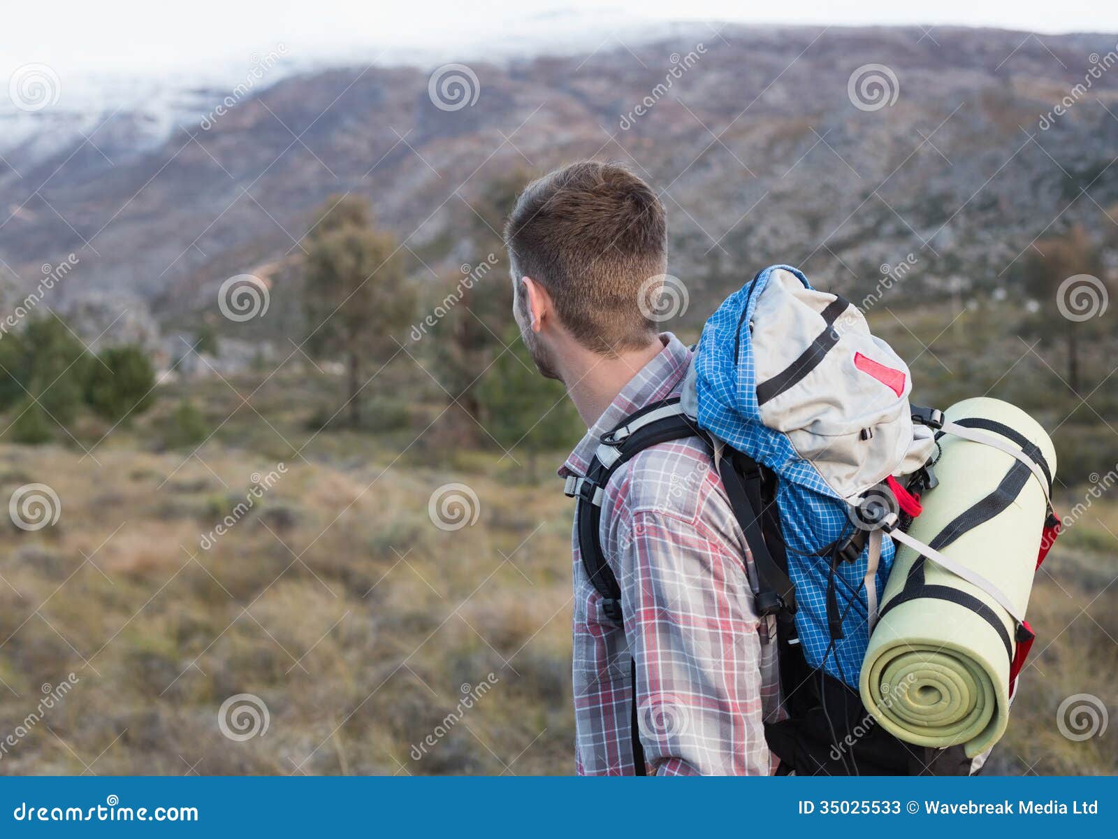 Man with Backpack Standing on Forest Landscape Stock Image - Image of ...