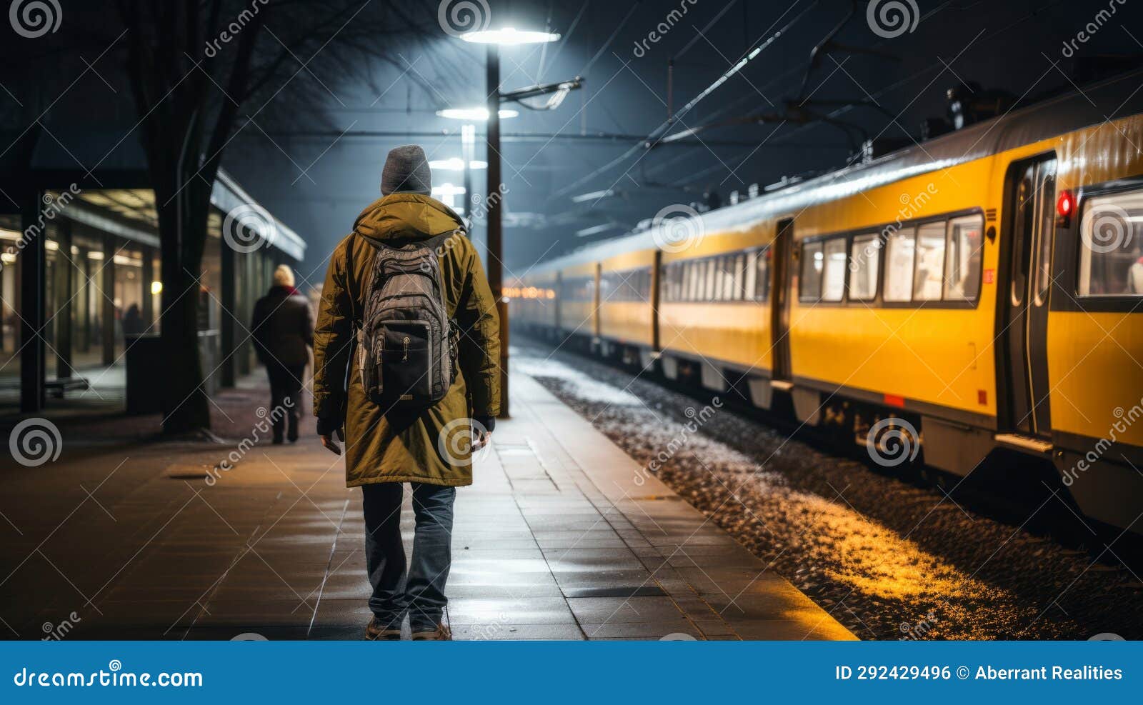 A Man with a Backpack Standing on a Train Platform at Night Stock ...