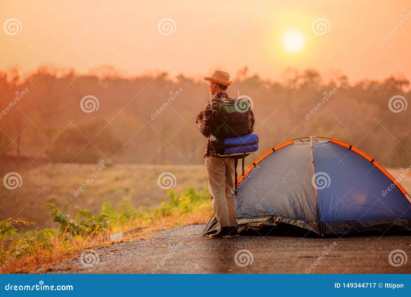 Man Backpack with Tent in Camping Site Stock Image - Image of tent ...