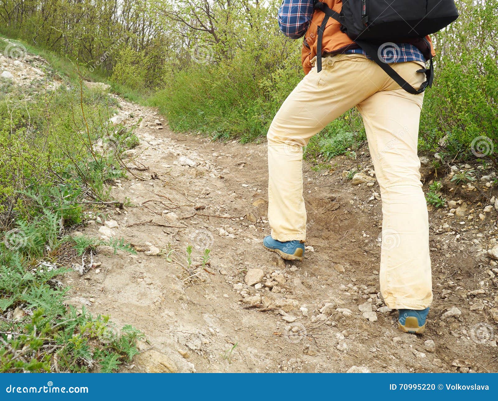Man with a Backpack Walk Uphill the Forest Trail . Stock Photo - Image ...