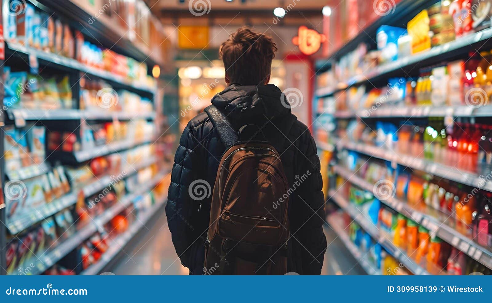 Man with Backpack Walking in Grocery Aisle Looking Back, Back View ...