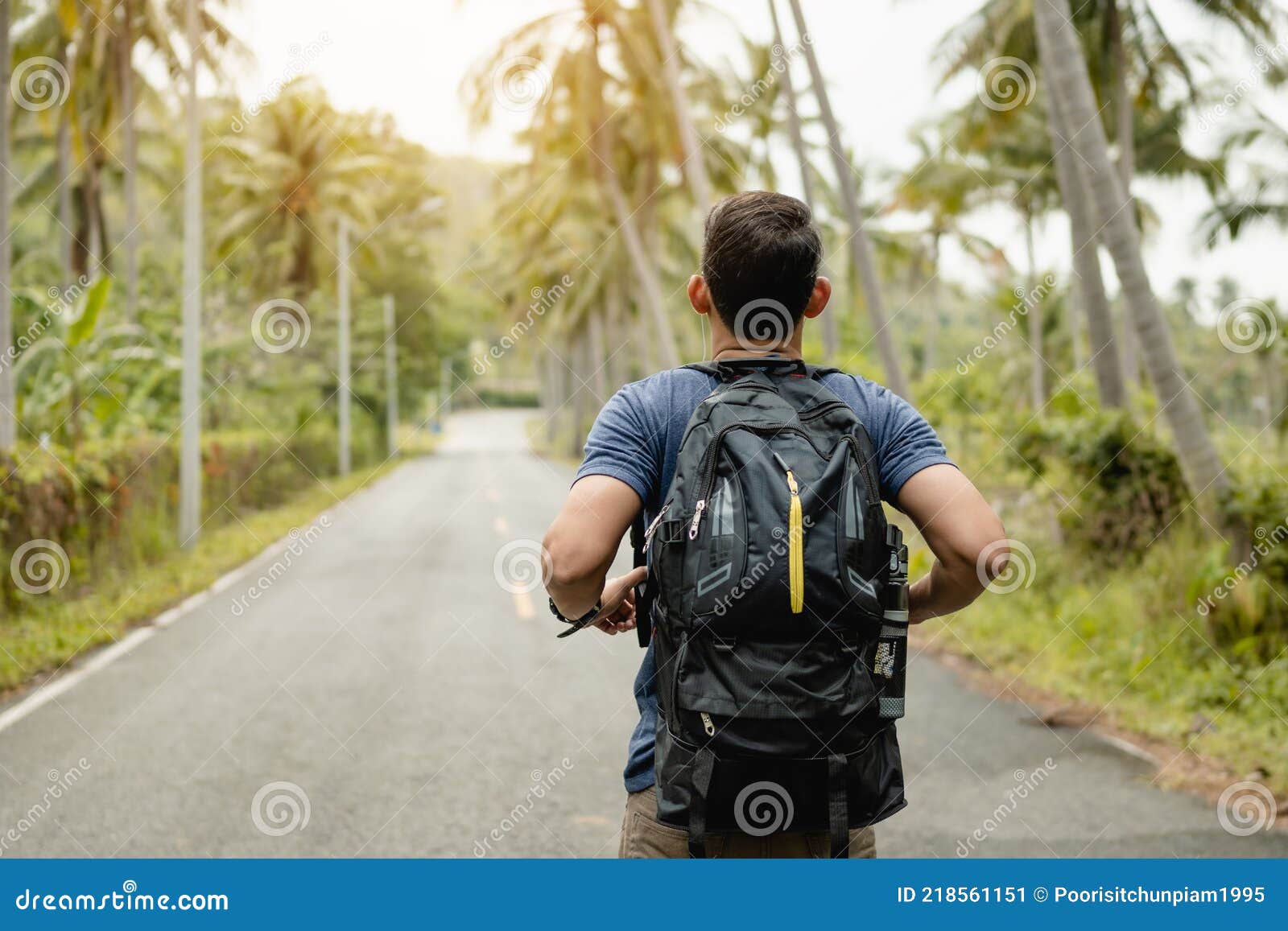 Man with Backpack Walking Road in Forest Stock Image - Image of ...