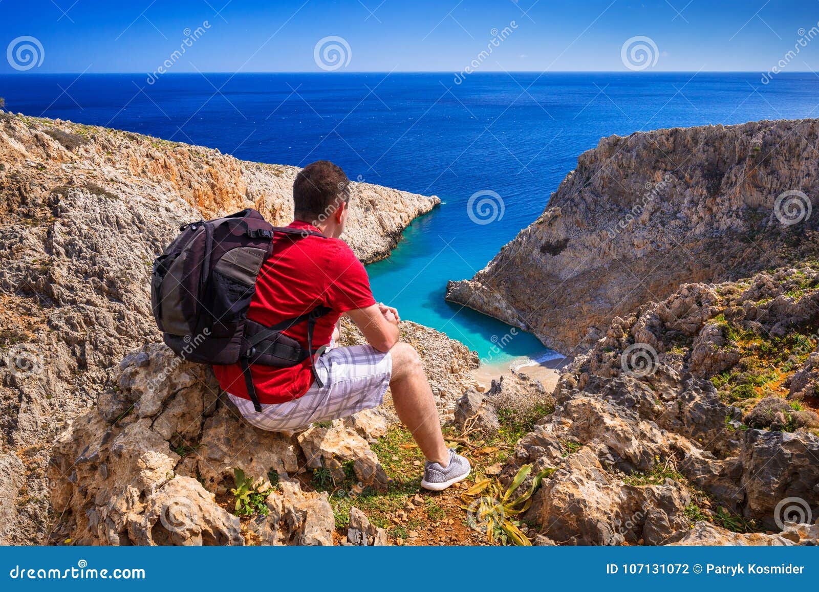 Man with Backpack Watching Beautiful Beach on Crete Stock Photo - Image ...