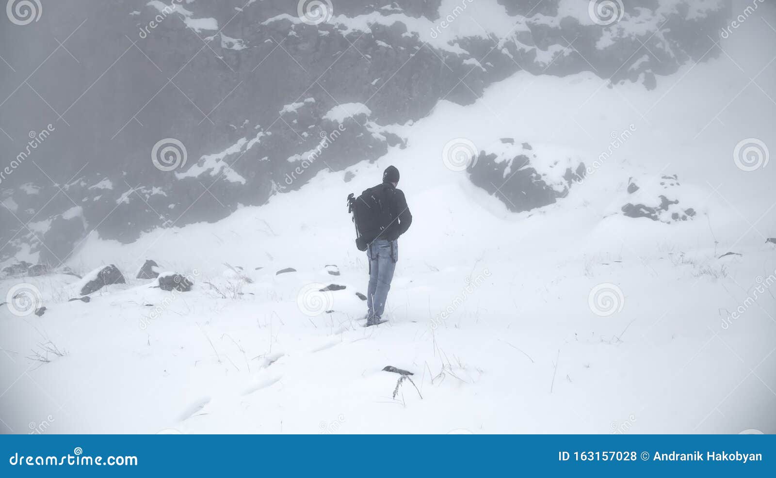Man in a Backpack in Winter. Snowy Day Stock Photo - Image of adventure ...