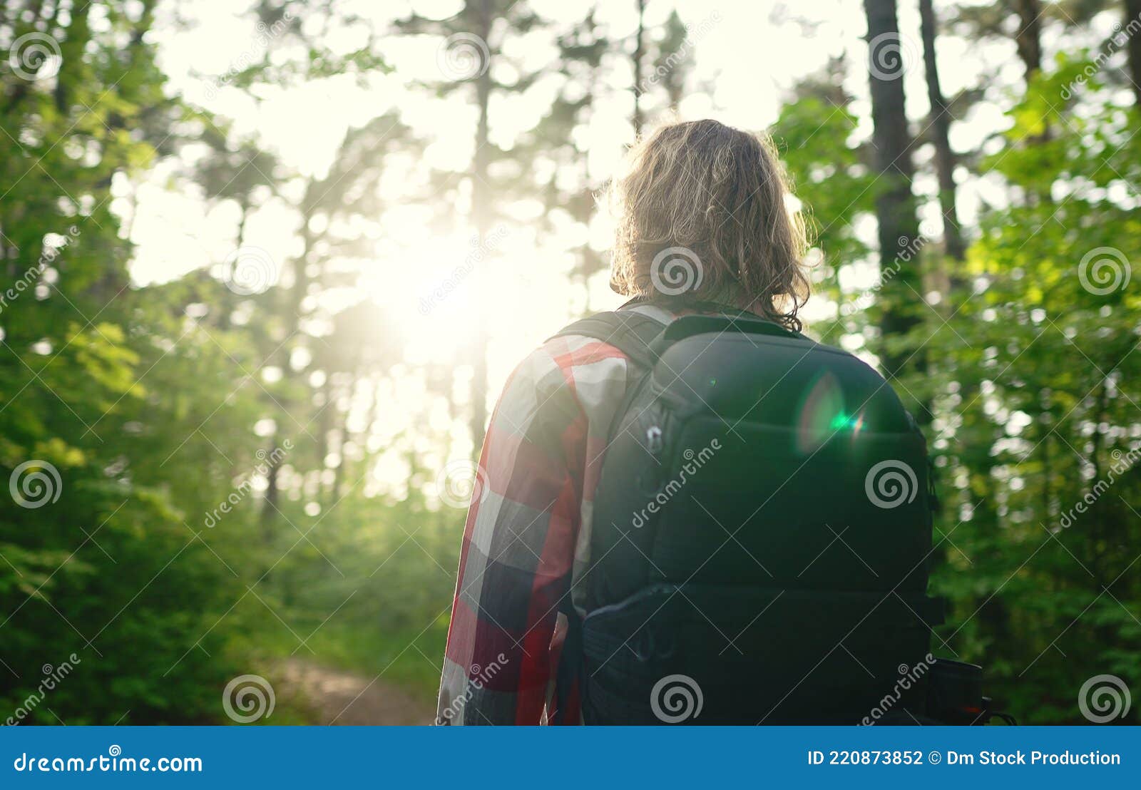 Man with Backpack in Woods. Stock Photo - Image of light, backpacker ...
