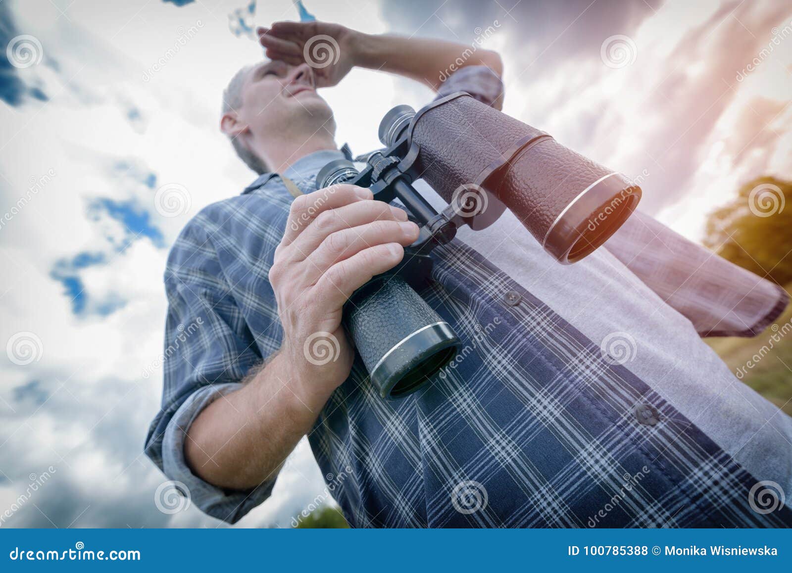 Man on the Trail Holding Binoculars Stock Photo - Image of explore ...