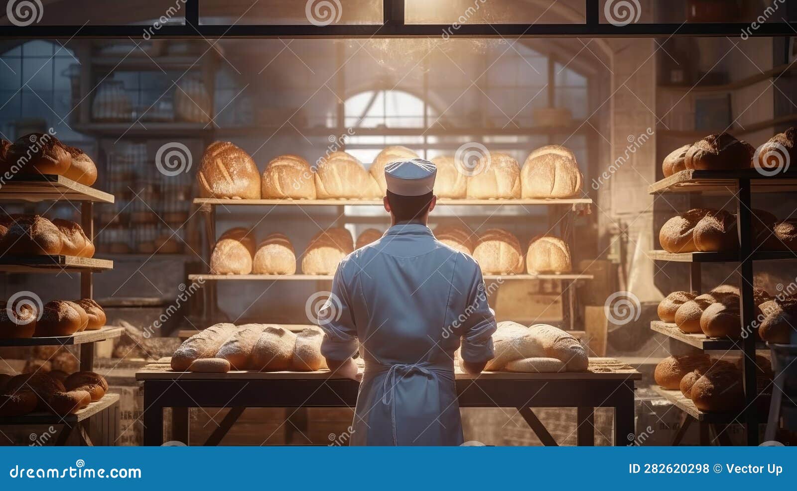Man Baker in Bakery Shop Back View. Generative AI. Stock Illustration ...