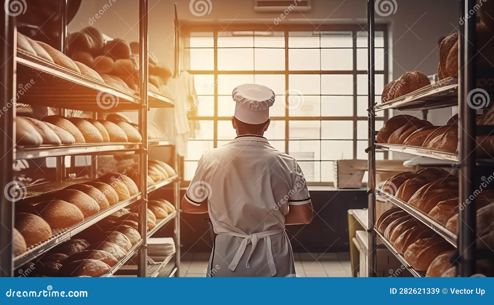 Man Baker in Bakery Shop Back View. Generative AI. Stock Illustration ...