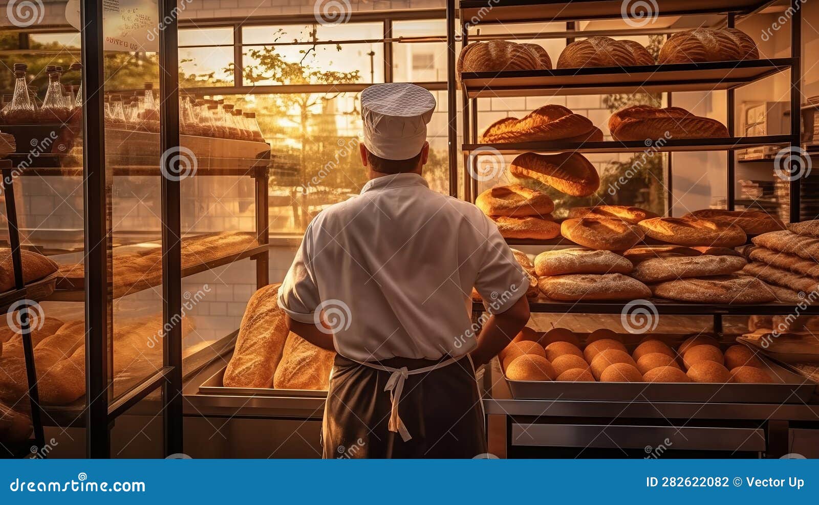 Man Baker in Bakery Shop Back View. Generative AI. Stock Illustration ...
