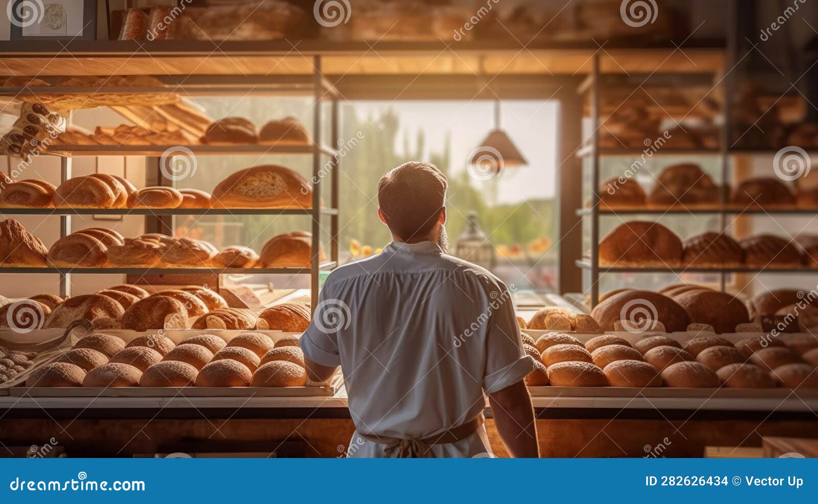 Man Baker in Bakery Shop Back View. Generative AI. Stock Illustration ...