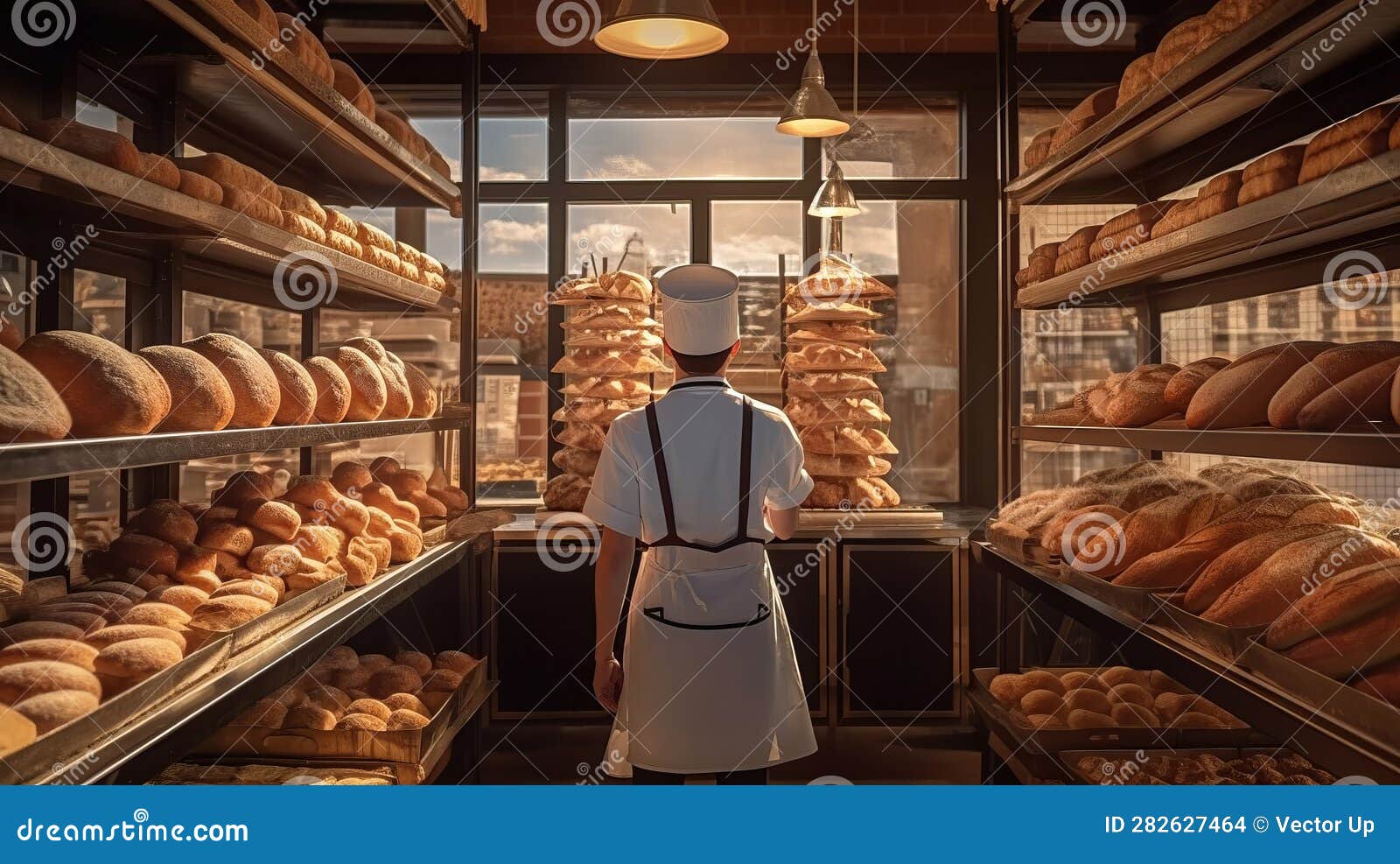 Man Baker in Bakery Shop Back View. Generative AI. Stock Illustration ...