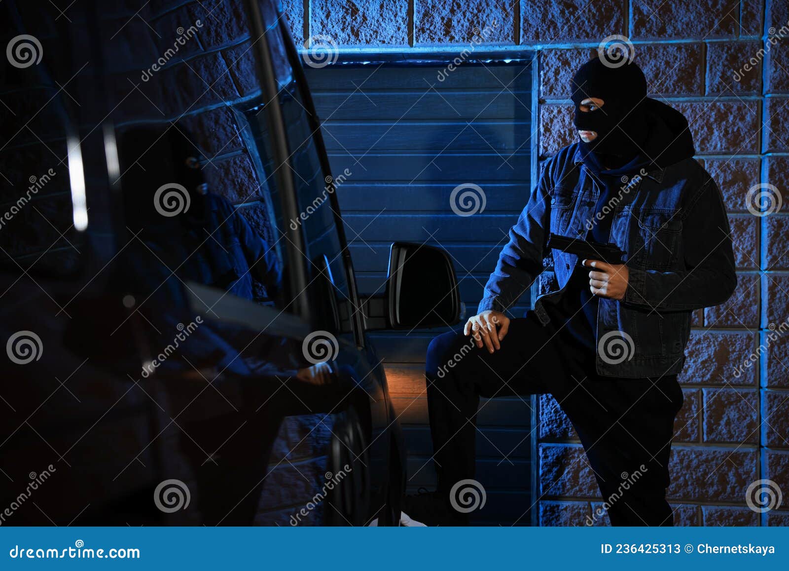 Man in Balaclava with Gun Near Van Outdoors Stock Image - Image of ...