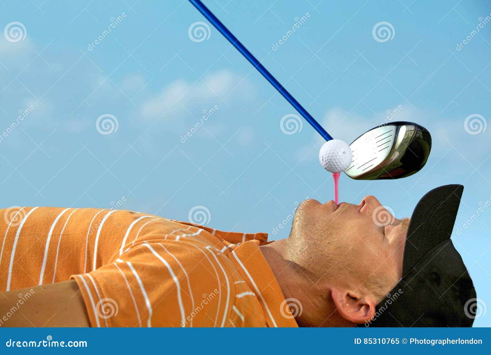 Man Balancing Golf Ball on Tee in His Mouth Stock Image - Image of ...