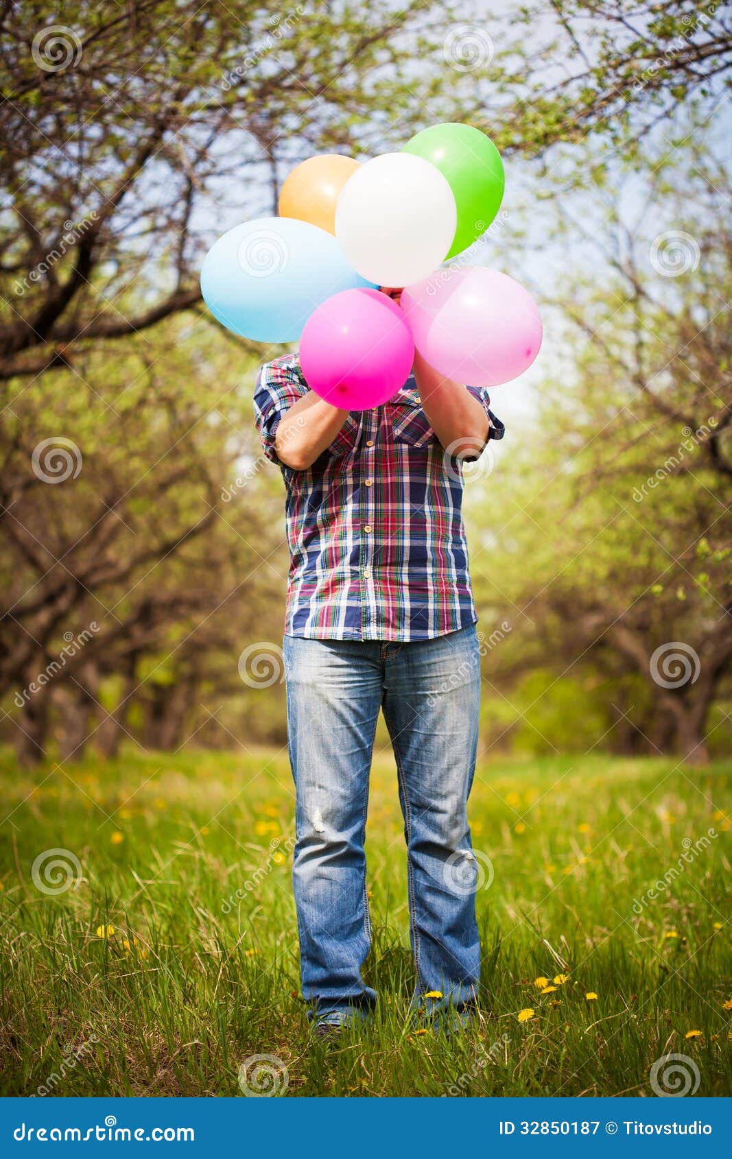 Man with Balloons on the Green Spring Meadow Stock Image - Image of ...