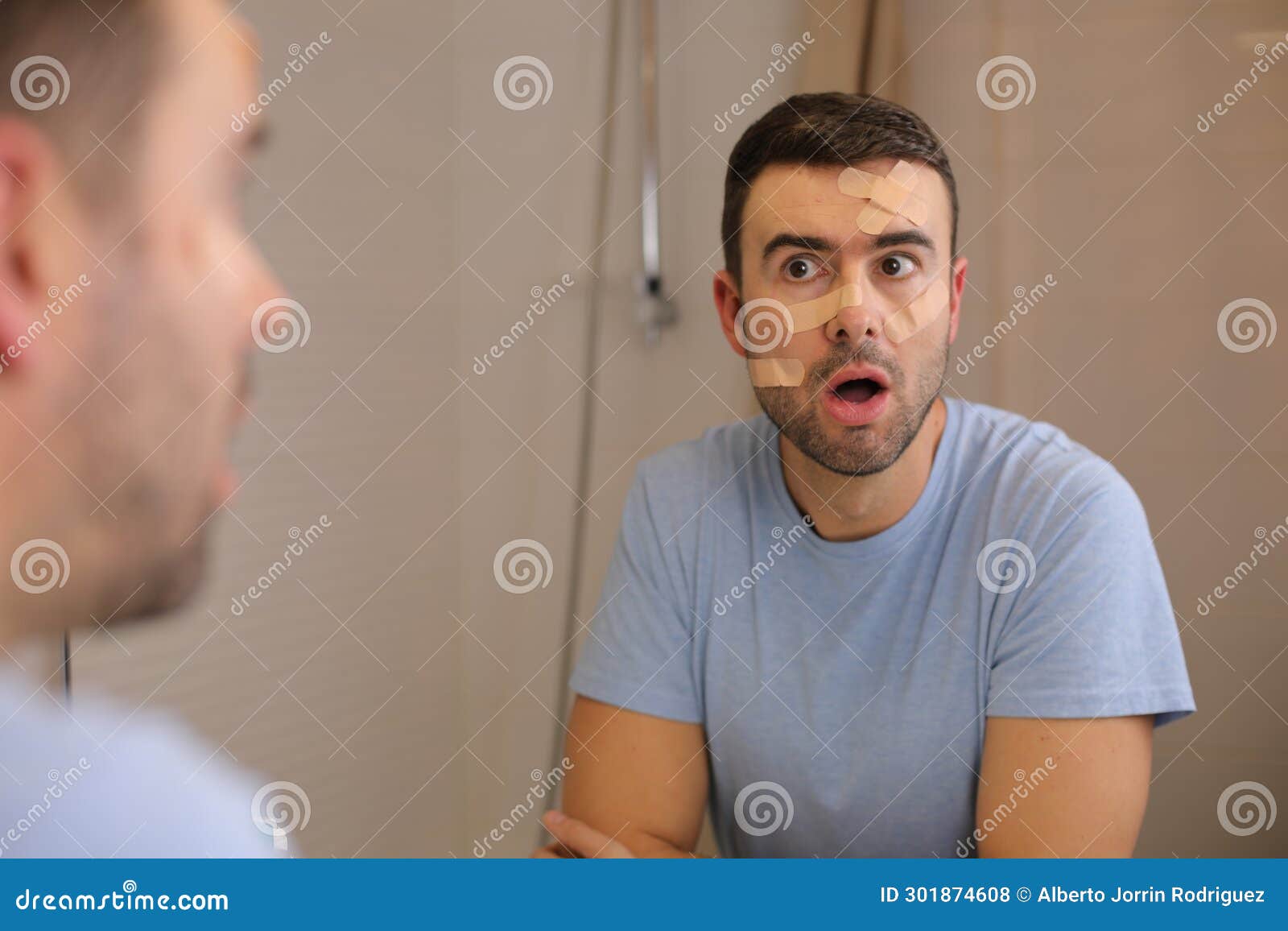 Man with Band Aids All Over His Face Stock Photo - Image of blood ...
