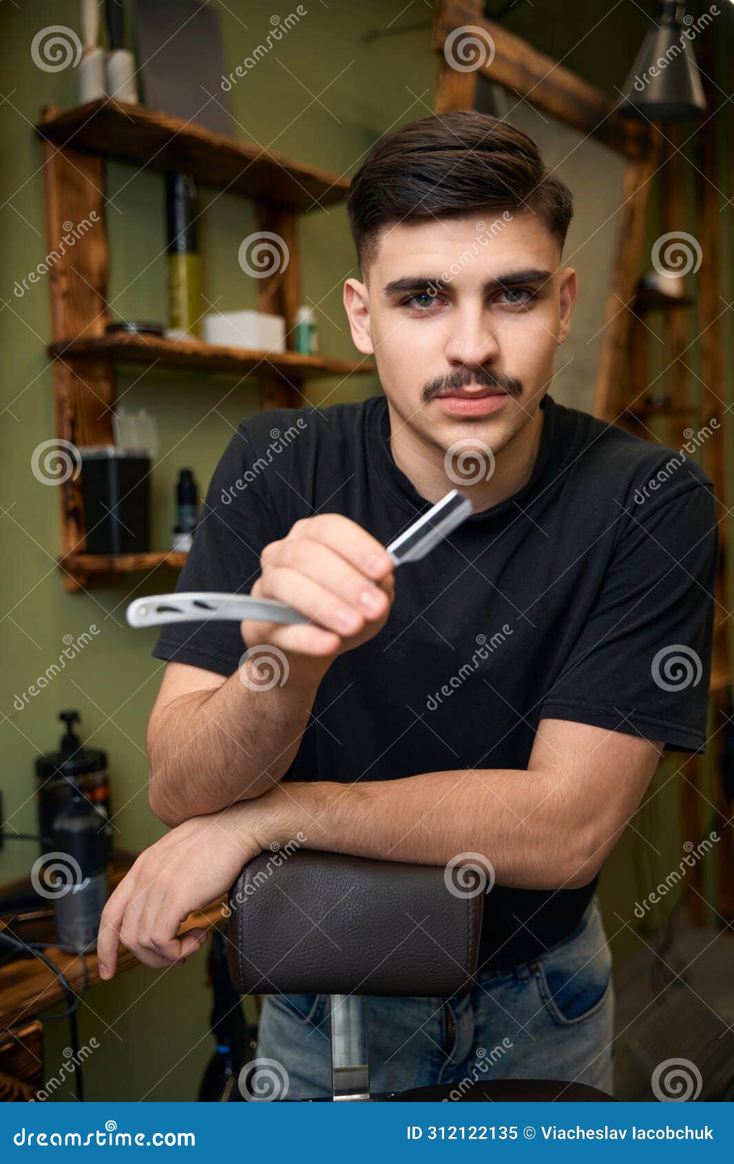 Man Barber with Razor in Hands in Barbershop Stock Image - Image of ...