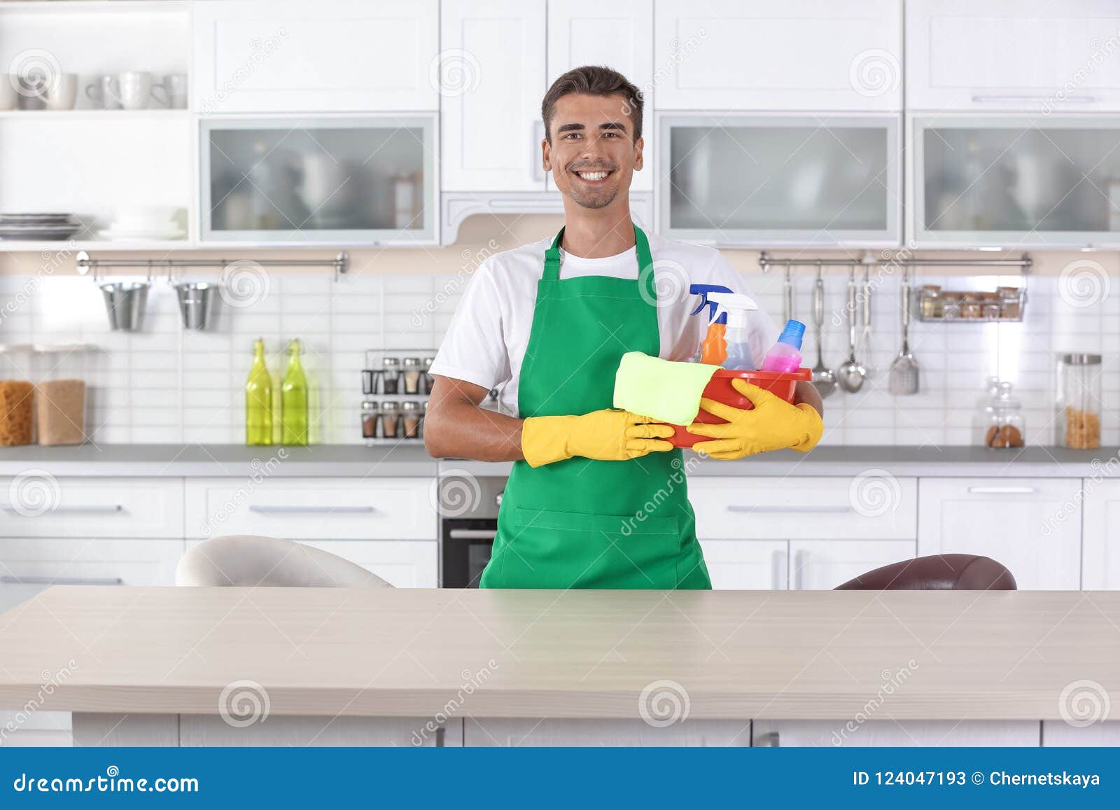 Man with Basin and Cleaning Supplies Stock Image - Image of household ...