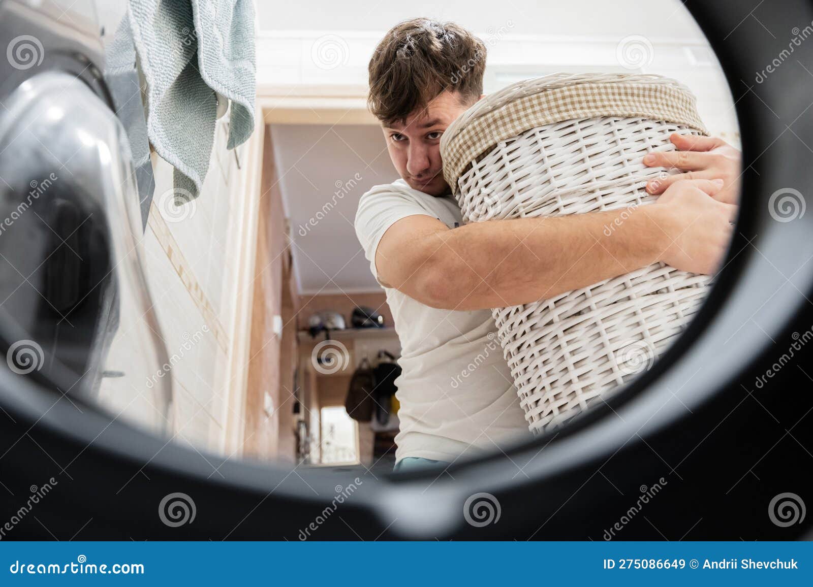 Man with Basket, View from Washing Machine Inside. Male Does Laundry ...