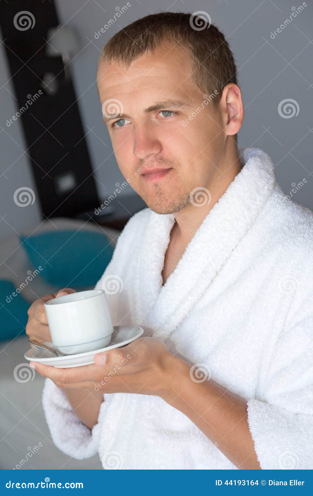 Man in Bathrobe Drinking Coffee in Hotel Room Stock Photo - Image of ...