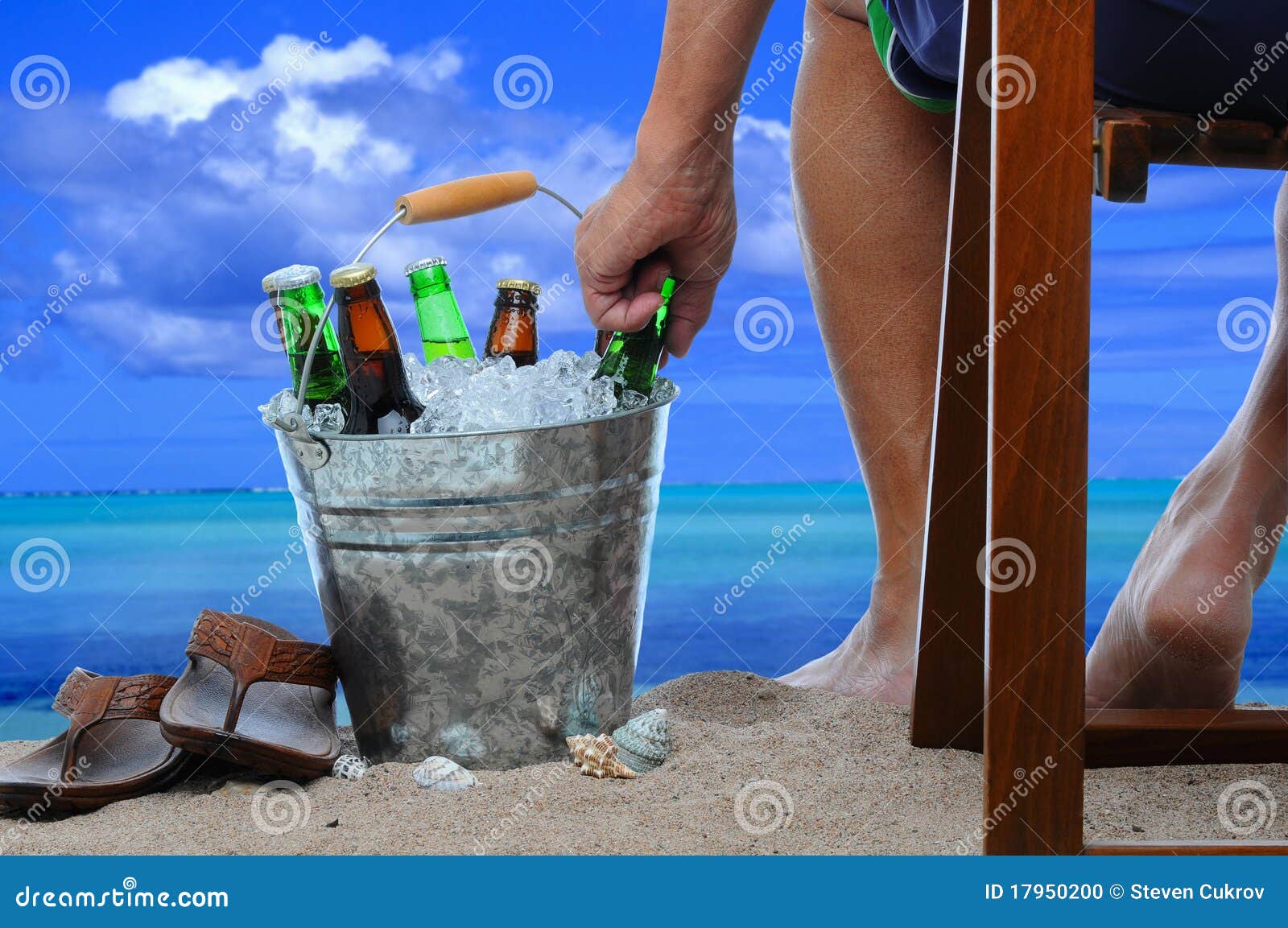 Man at the Beach with a Bucket of Beer Stock Photo - Image of person ...