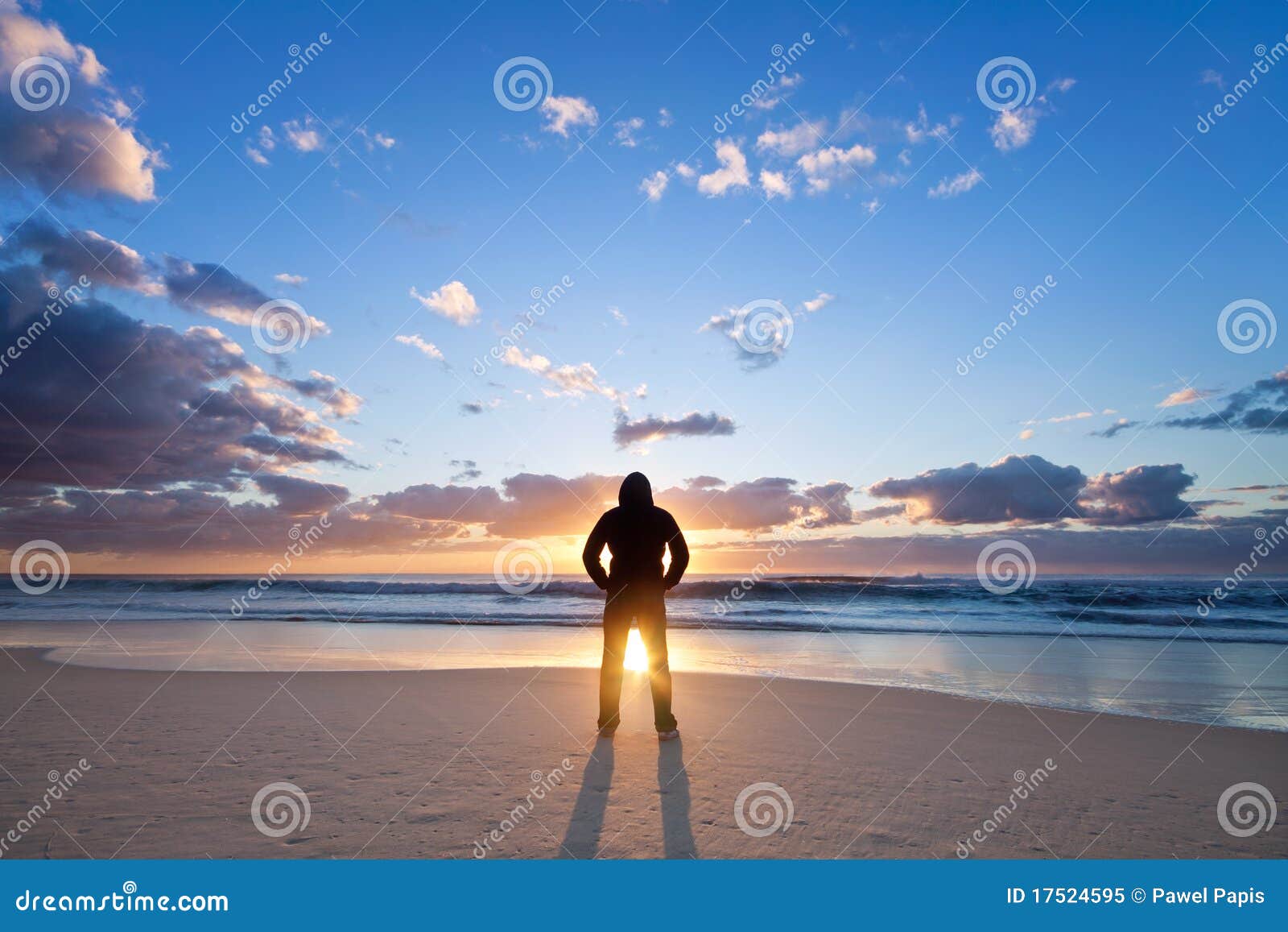 Man on the Beach in Front of Rising Sun Stock Image - Image of positive ...