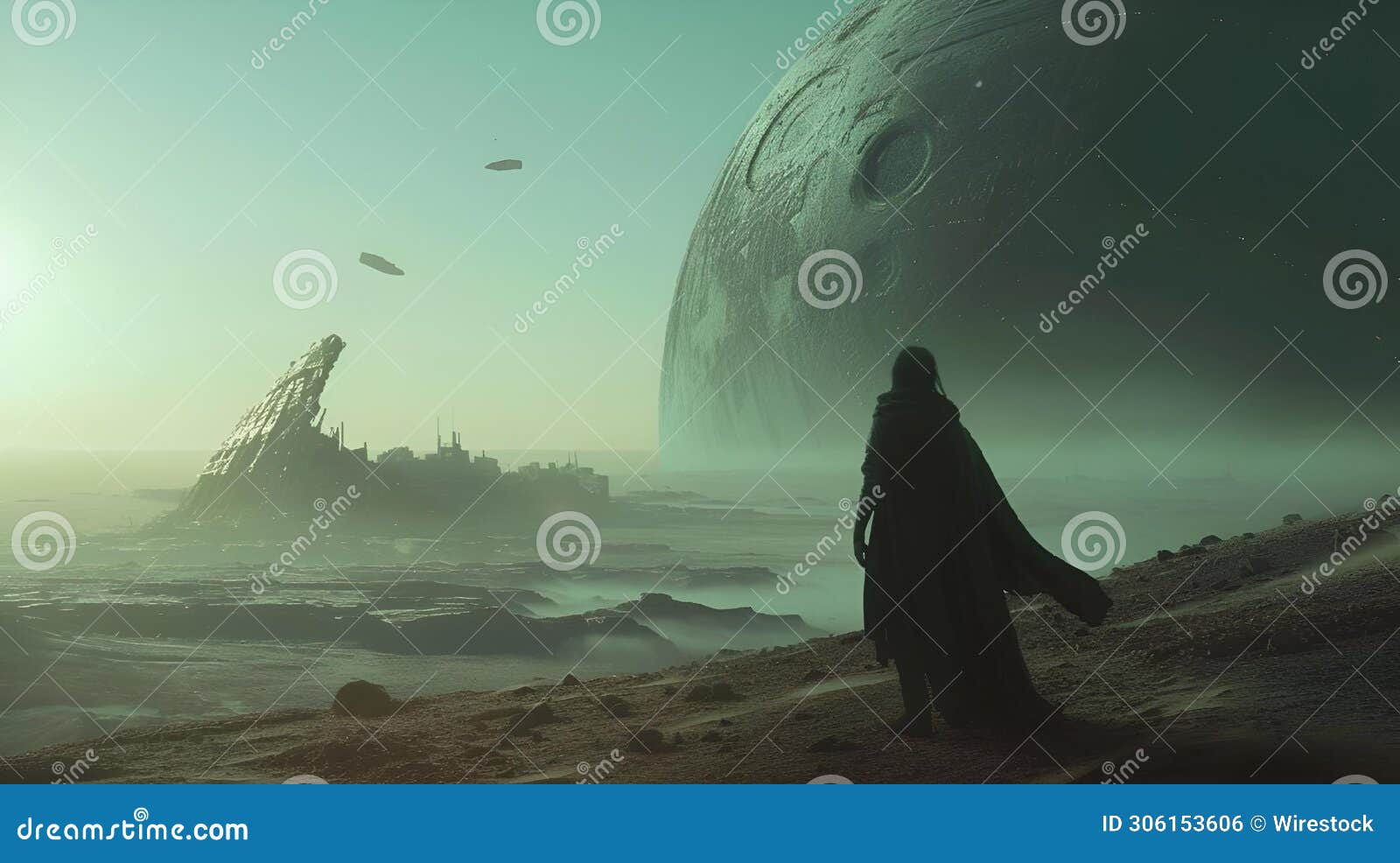 Man on the Beach with a Giant Object in the Distance Stock Illustration ...