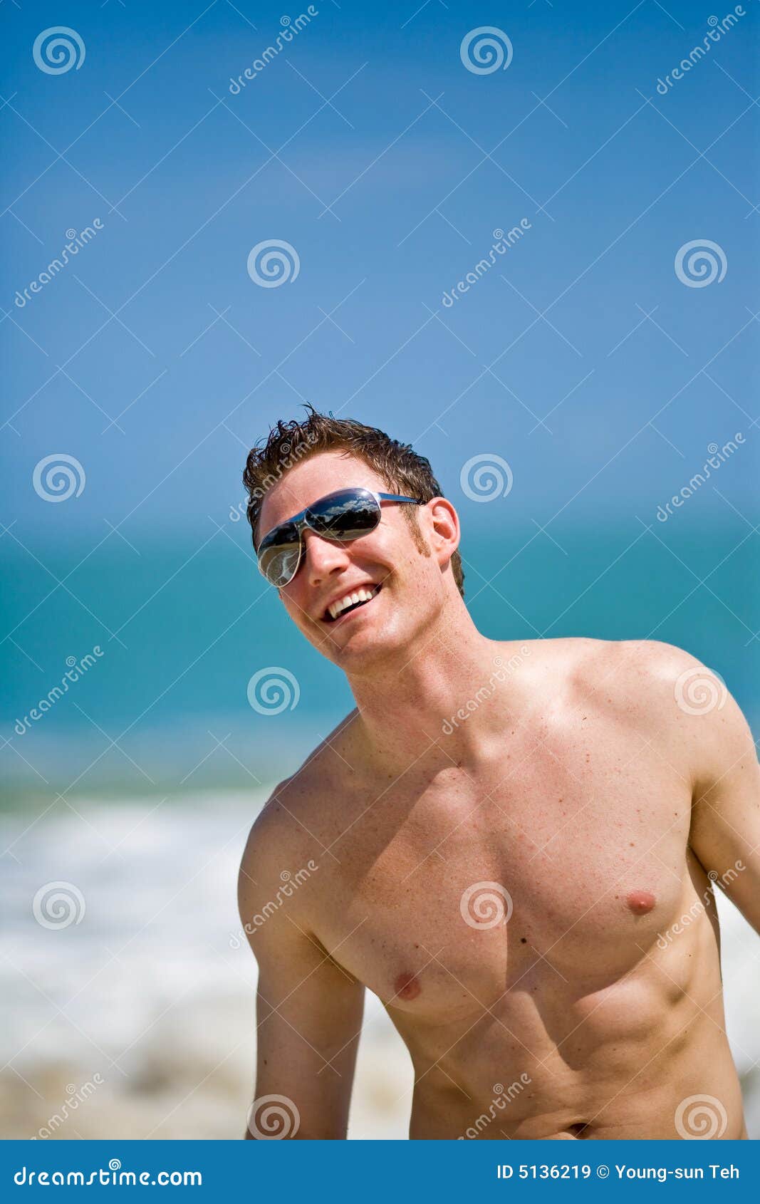 Man at the Beach with Shades Stock Image - Image of muscular, sandy ...