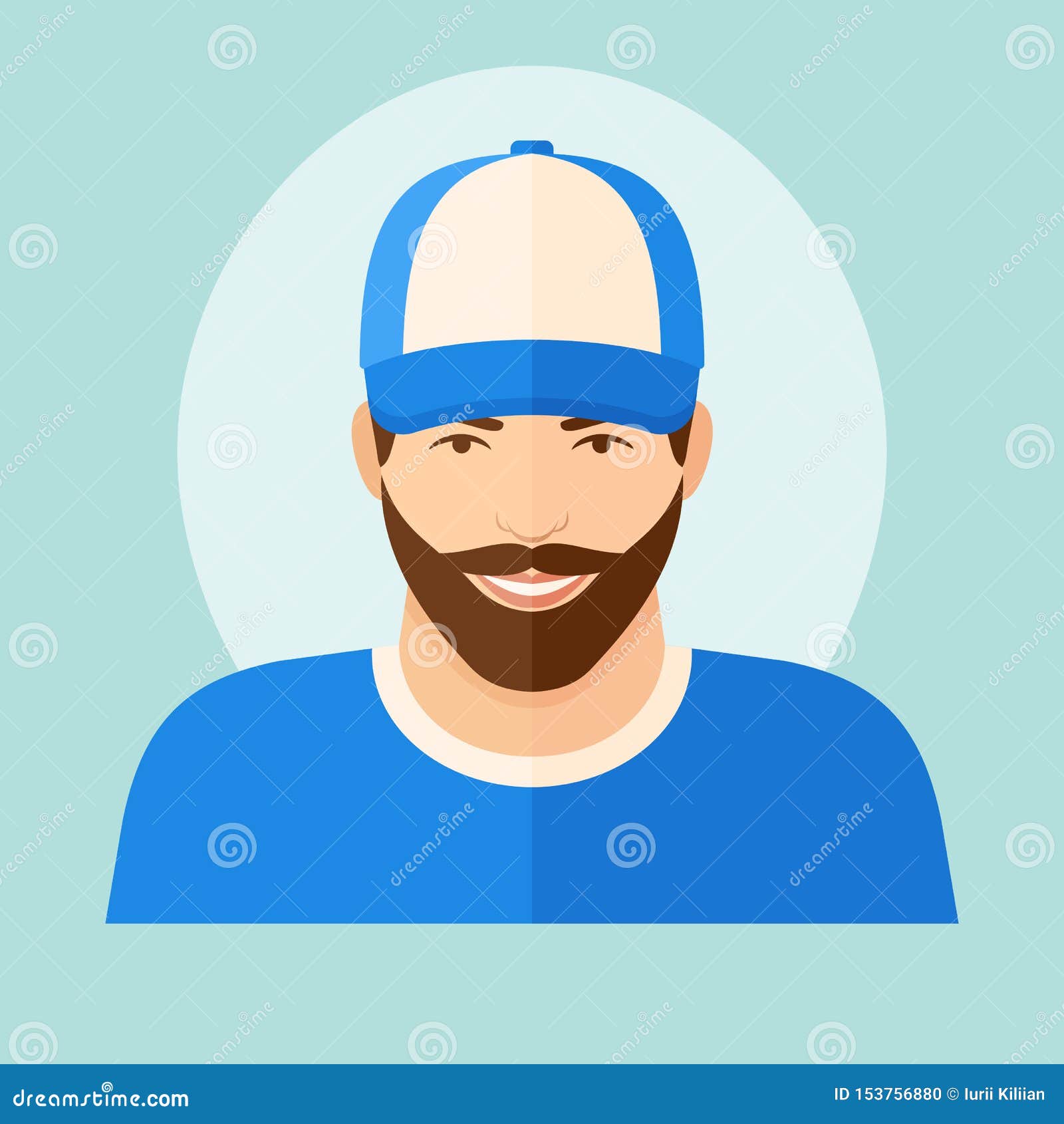 Man with Beard in Baseball Cap Flat Style Icon. Vector Illustration ...