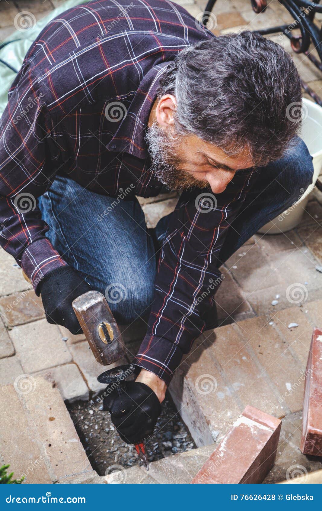 Man with Beard Breaks Masonry Hammer and Chisel Stock Photo - Image of ...
