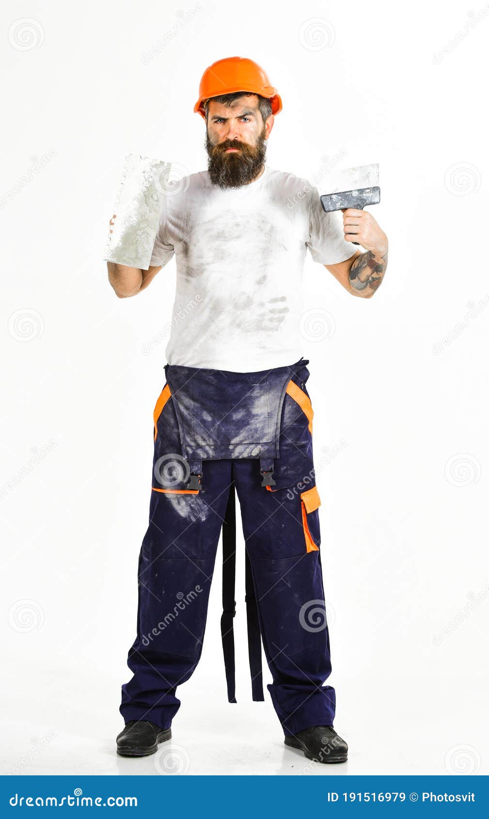 Man with Beard in Dirty Boilersuit. Builder, Plasterer, Repairman ...