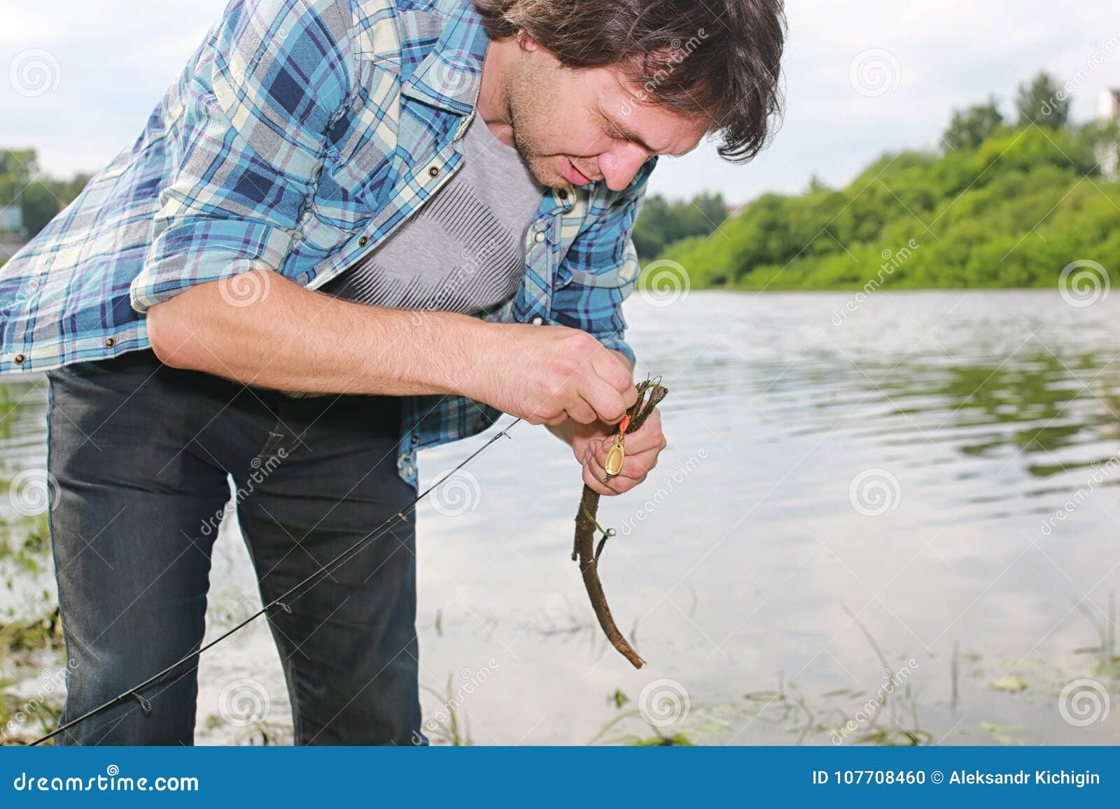 A Man with a Beard is Fishing in the River Stock Photo - Image of model ...