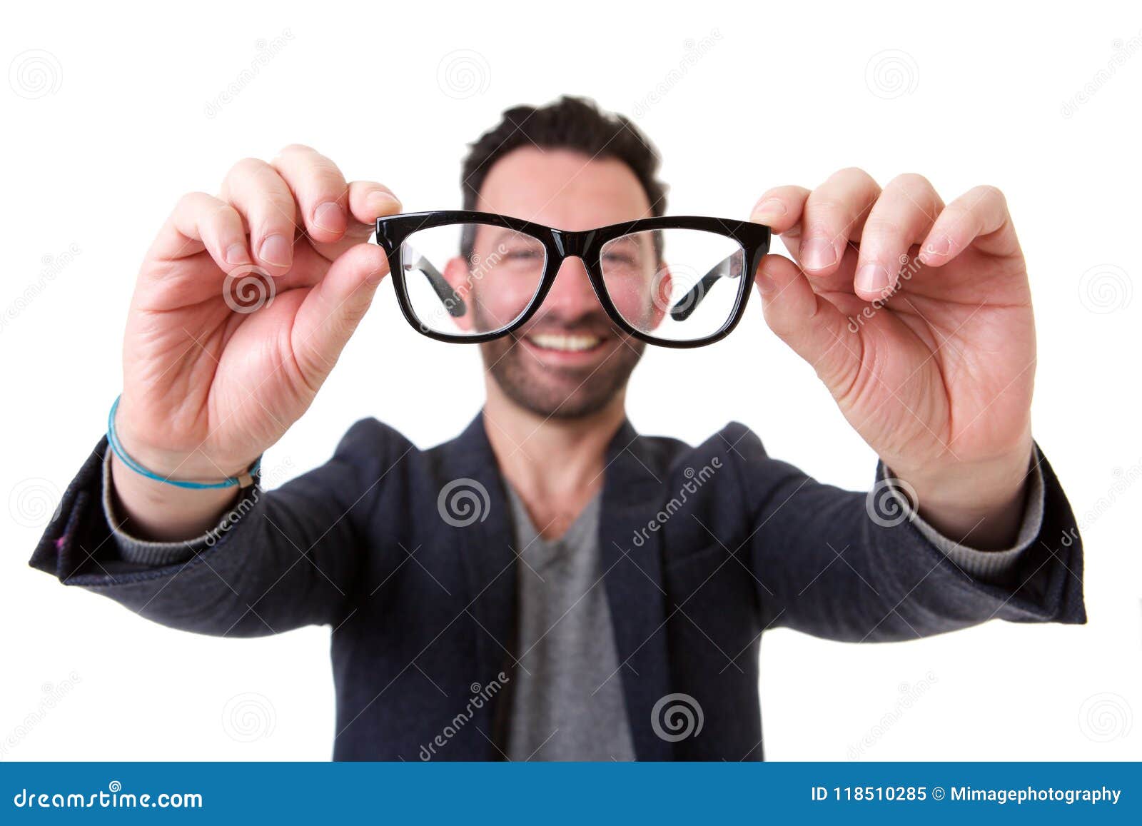Man With Beard Holding Glasses Up Stock Image Image Of Happiness