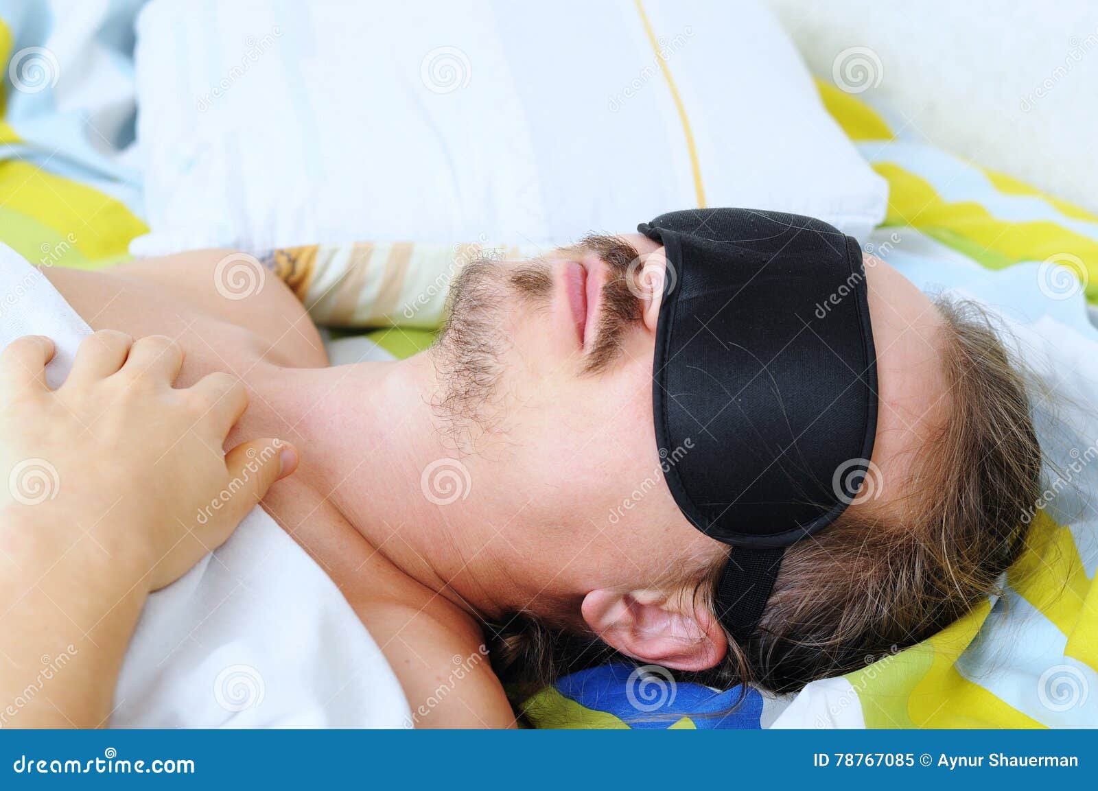 Man with Beard Relaxing with Sleep Mask in Bed Stock Image - Image of ...