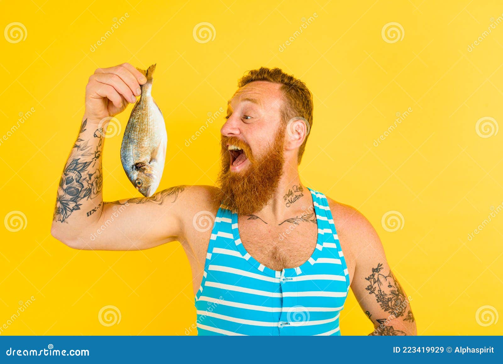 Man with Beard and Swimsuit Caught a Fish Stock Image - Image of food ...