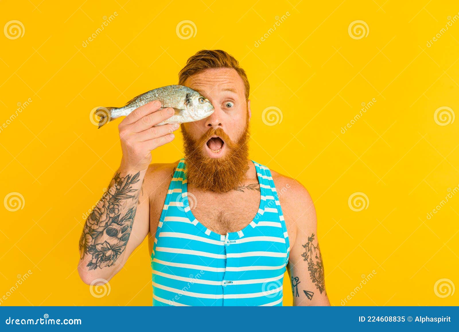 Man with Beard and Swimsuit Caught a Fish Stock Image - Image of summer ...