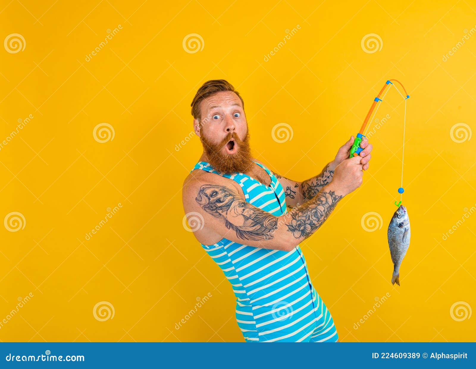 Man with Beard and Swimsuit Caught a Fish Stock Image - Image of amazed ...