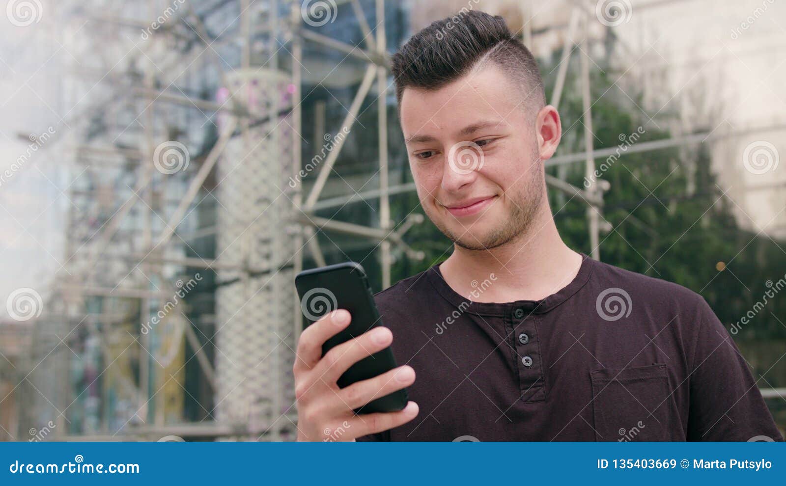 Man with Beard Using a Phone in Town Stock Image - Image of leisure ...