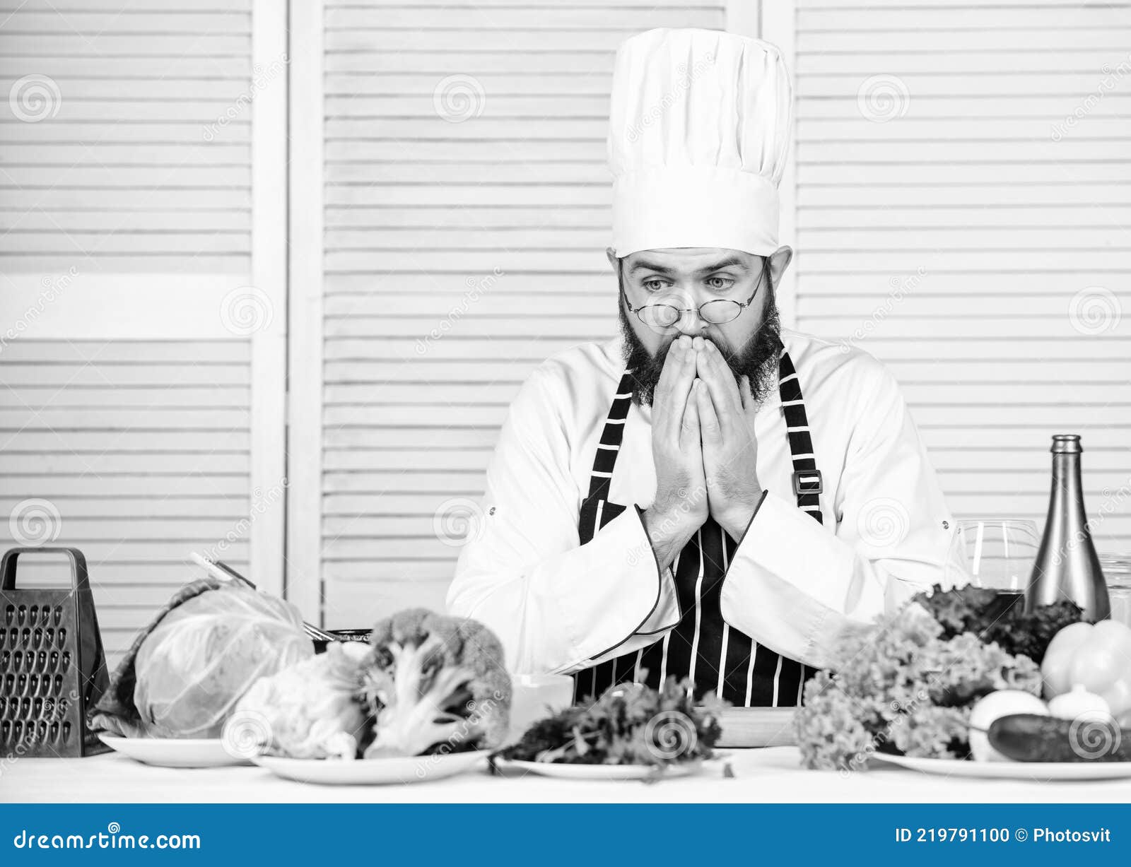 Man Bearded Chef Getting Ready Cooking Delicious Dish. Chef at Work ...